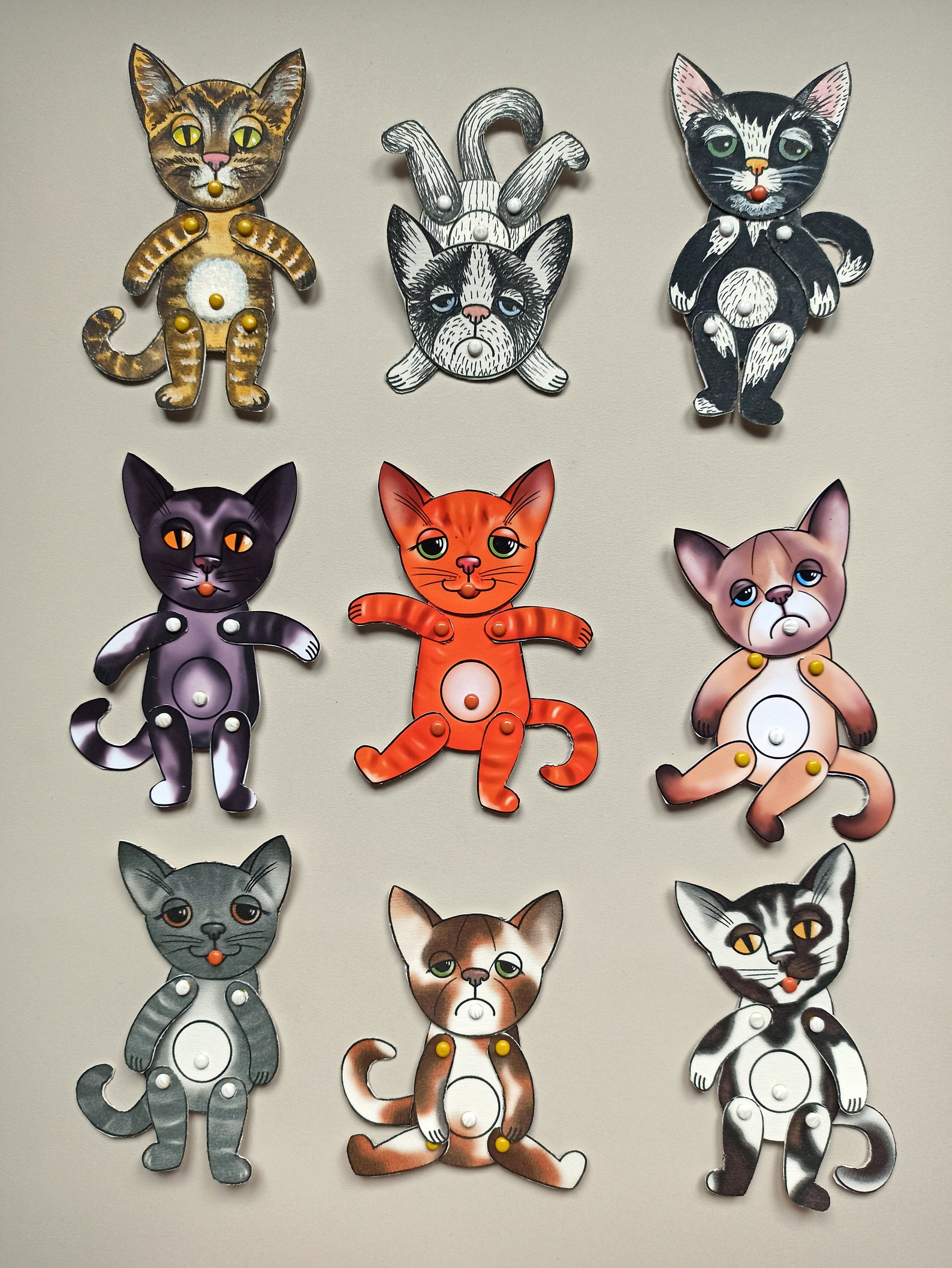 Paper Dolls Articulated Cat SET of 3 Assembled Paper Puppets. - Etsy