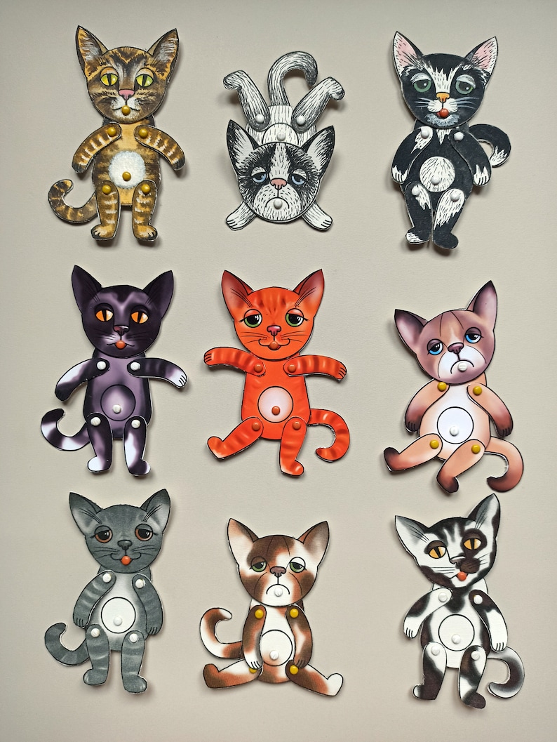 Paper Dolls Articulated Cat SET of 3 Assembled Paper Puppets. - Etsy