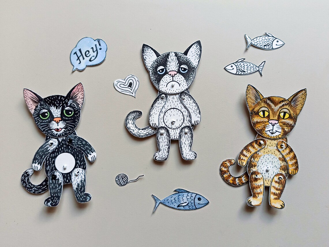 Paper Dolls Articulated Cat SET of 3 Assembled Paper Puppets. - Etsy