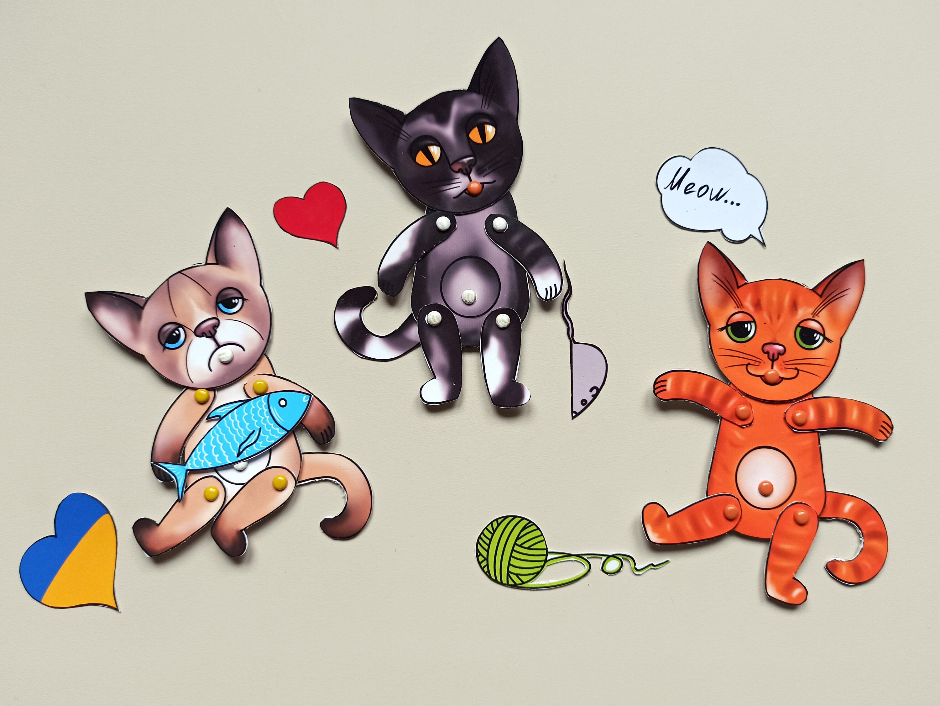 Paper Dolls Articulated Cat SET of 3 Assembled Paper Puppets. - Etsy