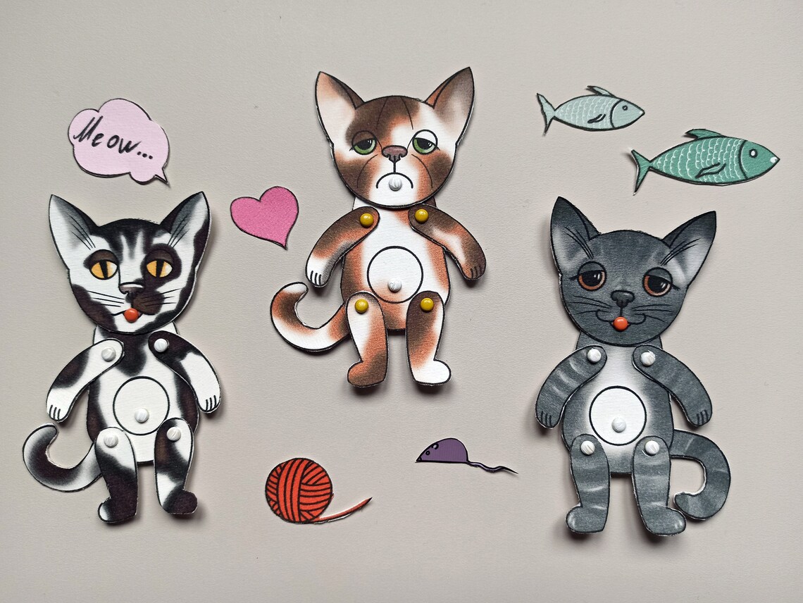 Paper Dolls Articulated Cat SET of 3 Assembled Paper Puppets. - Etsy