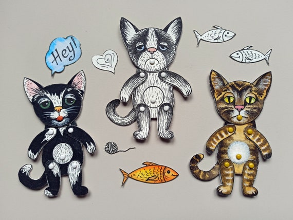 Paper Dolls Articulated Cat SET of 3 Assembled Paper Puppets. | Etsy