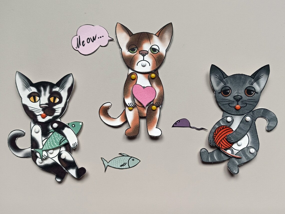 Paper Dolls Articulated Cat SET of 3 Assembled Paper Puppets. - Etsy