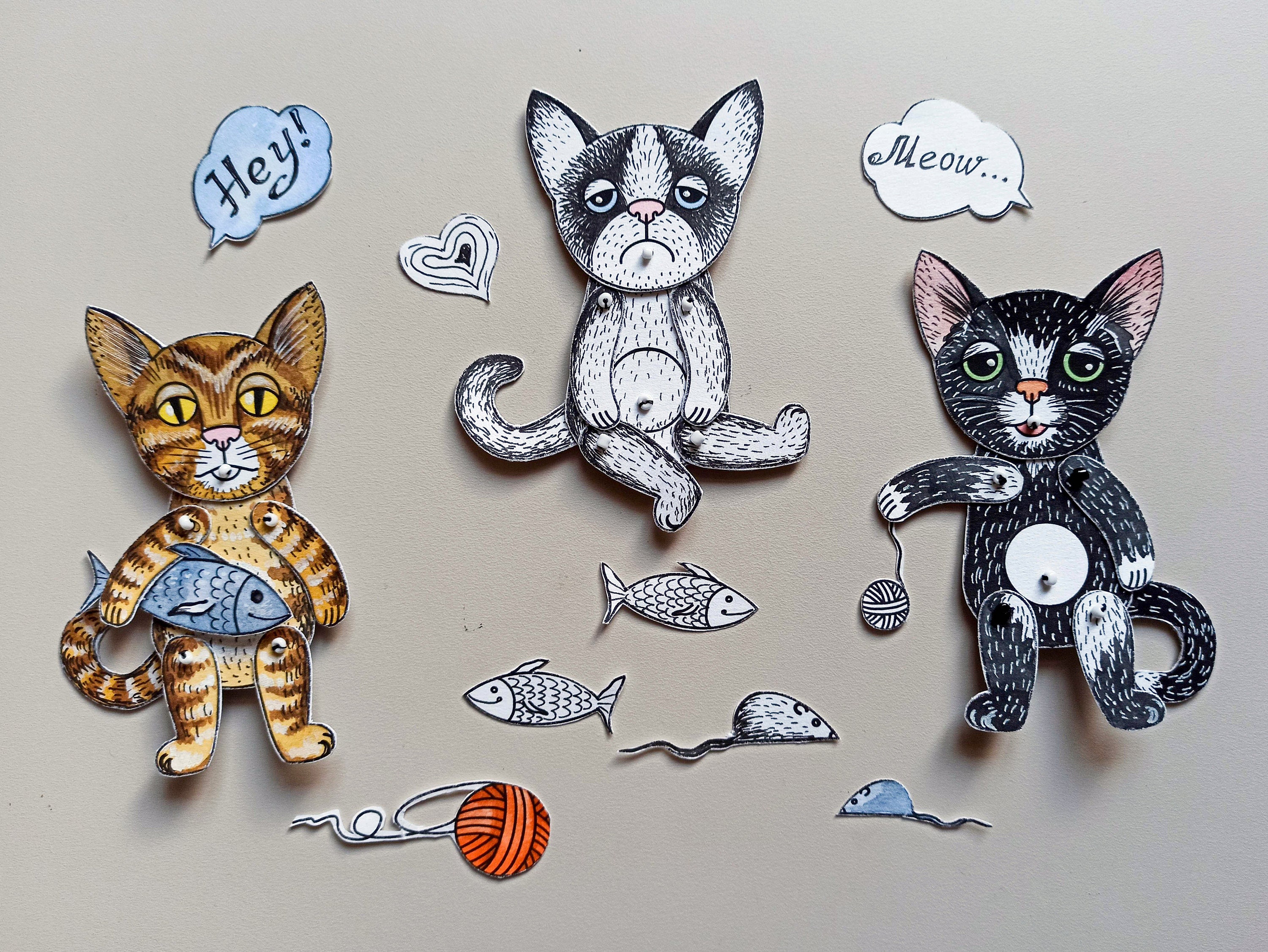 Paper Dolls Articulated Cat SET of 3 Assembled Paper Puppets. - Etsy