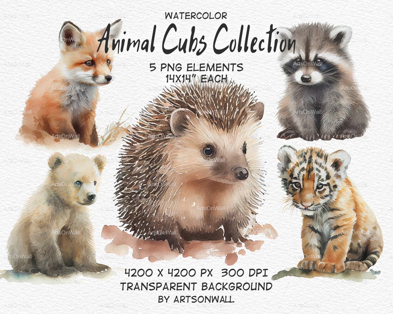 Animal Cubs Clipart Nursery Art Watercolor Illustration - Etsy