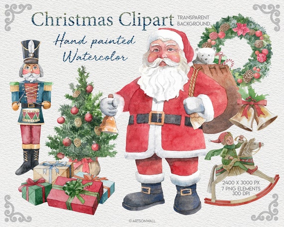 Christmas Clipart Hand Painted Watercolor Santa Claus the | Etsy