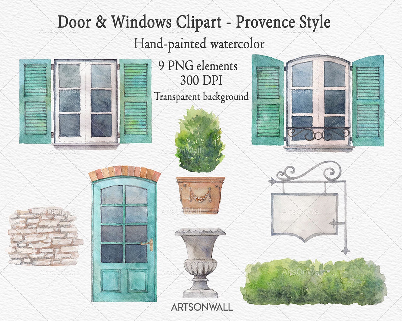 Door Windows Clipart, Hand Painted Watercolor, Provence Style ...
