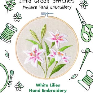 White Lily Embroidery Pattern, Lillies Floral Hand Embroidery Pattern ...