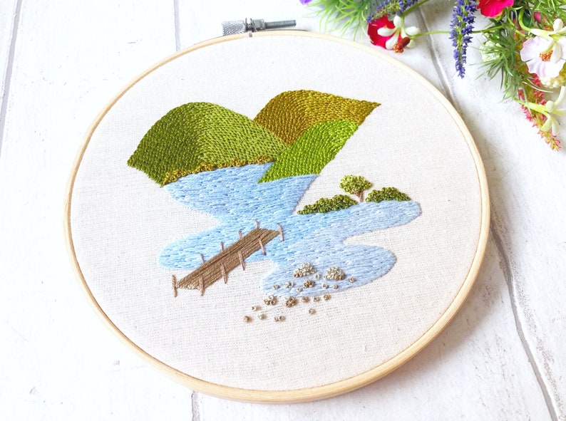 Lakes Landscape Embroidery Pattern, Countryside Scene Hand Embroidery ...