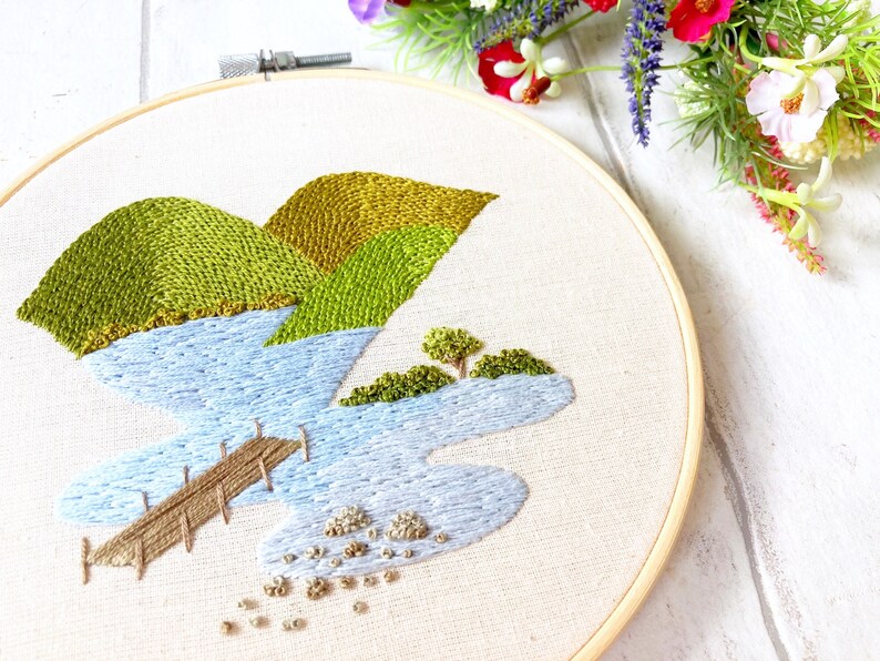 Lakes Landscape Embroidery Pattern, Countryside Scene Hand Embroidery ...