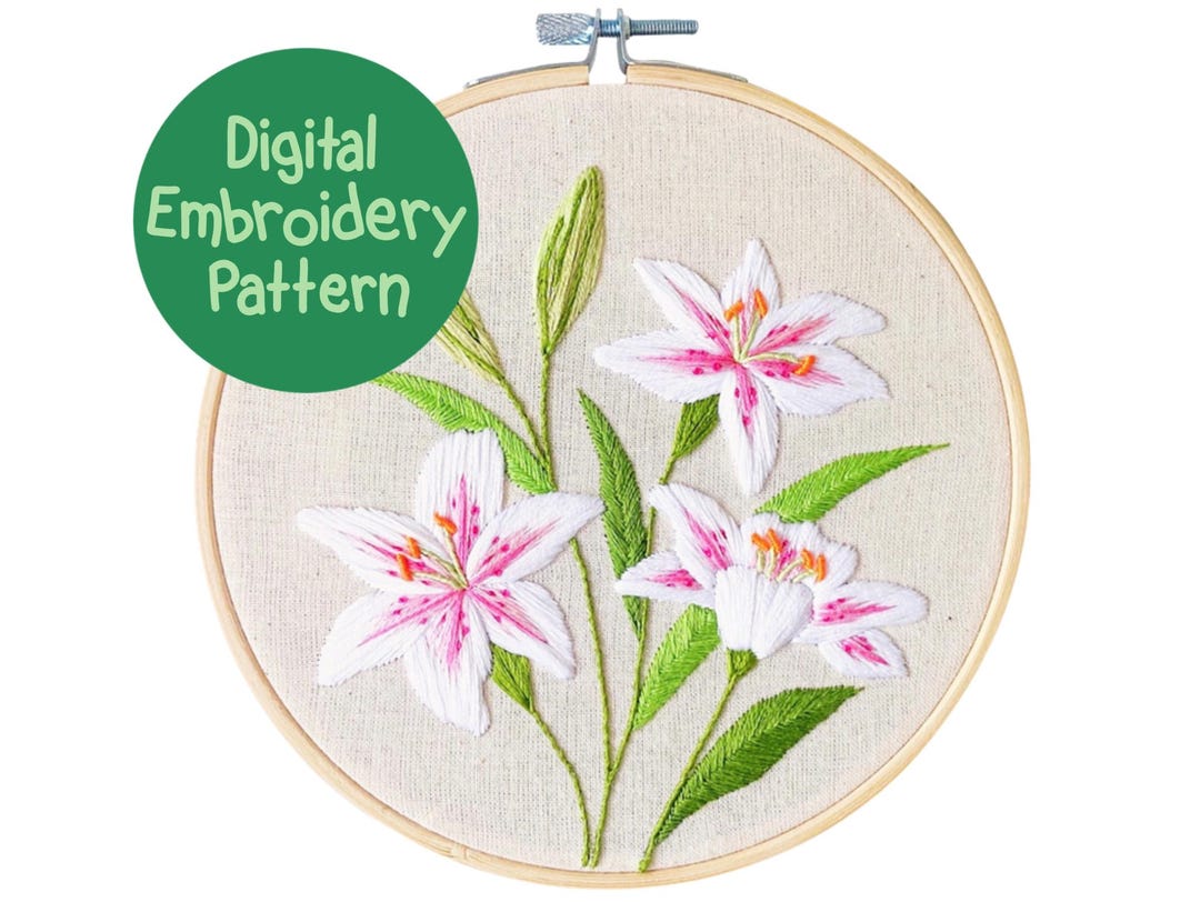 White Lily Embroidery Pattern, Lillies Floral Hand Embroidery Pattern ...