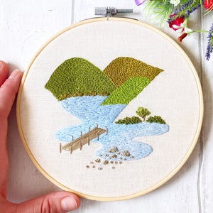 Lakes Landscape Embroidery Pattern, Countryside Scene Hand Embroidery ...