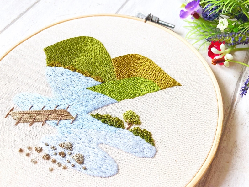 Lakes Landscape Embroidery Pattern, Countryside Scene Hand Embroidery ...