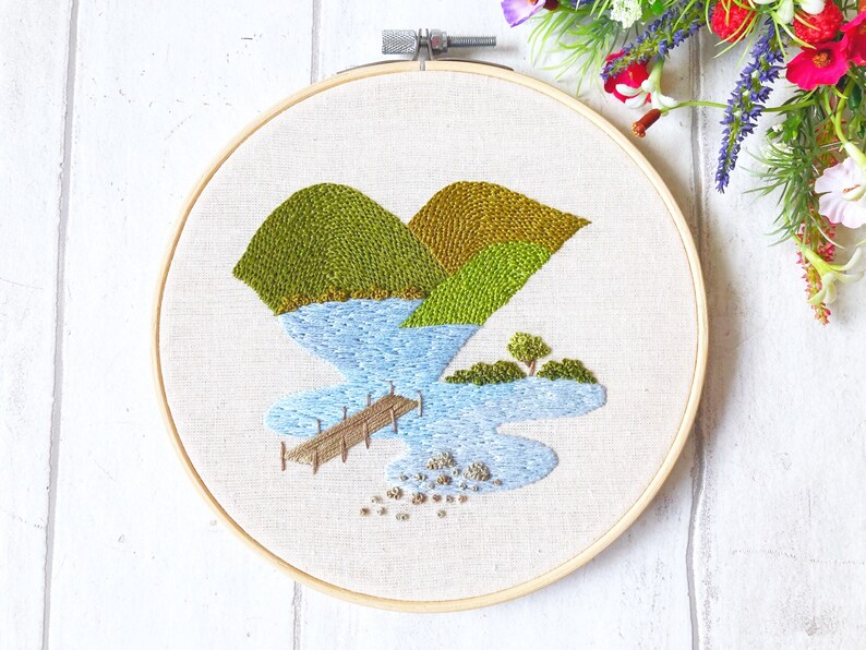 Lakes Landscape Embroidery Pattern, Countryside Scene Hand Embroidery ...