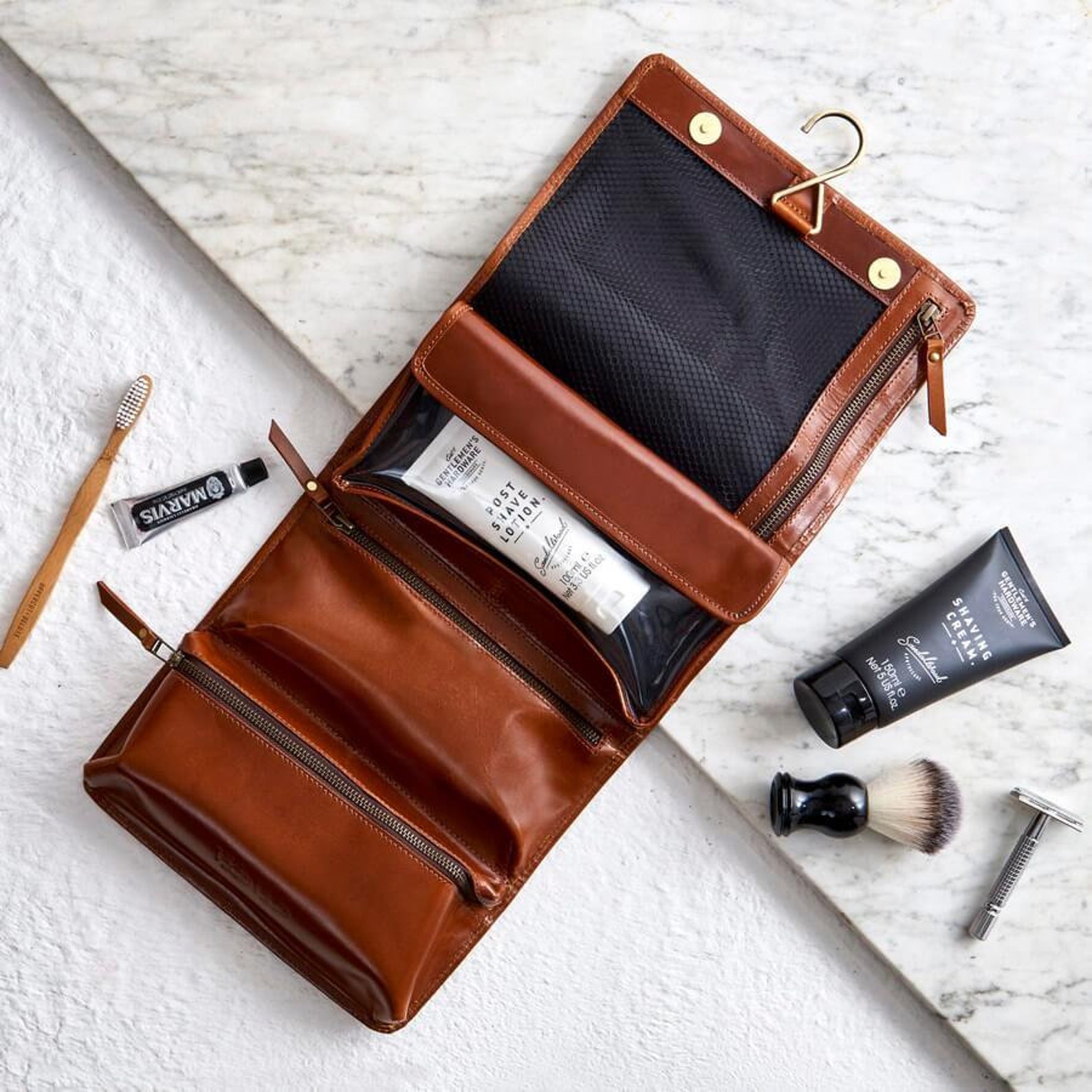 Personalised Leather Hanging Wash Bag | Handmade Buffalo Leather ...