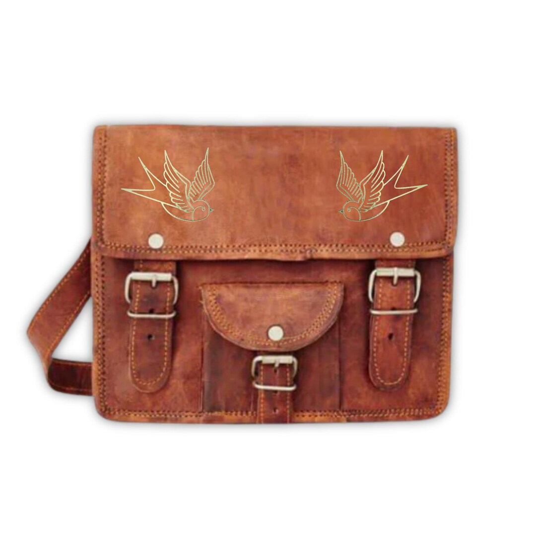 Personalised Womens Leather Satchel With Vintage Gold Swallows ...