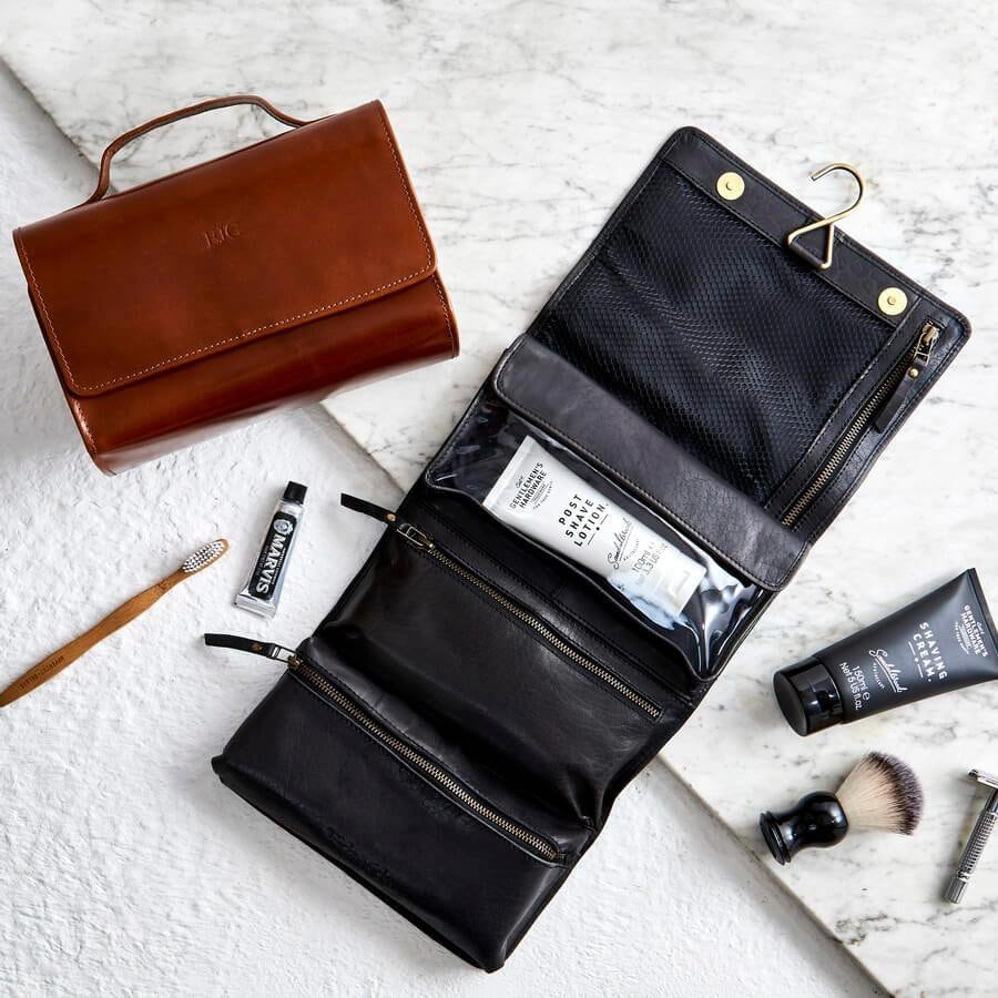 Personalised Leather Hanging Wash Bag | Handmade Buffalo Leather ...
