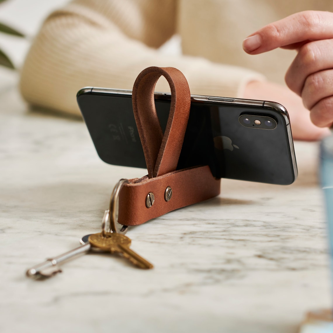 Personalised Leather Phone Stand Key Ring - Etsy UK