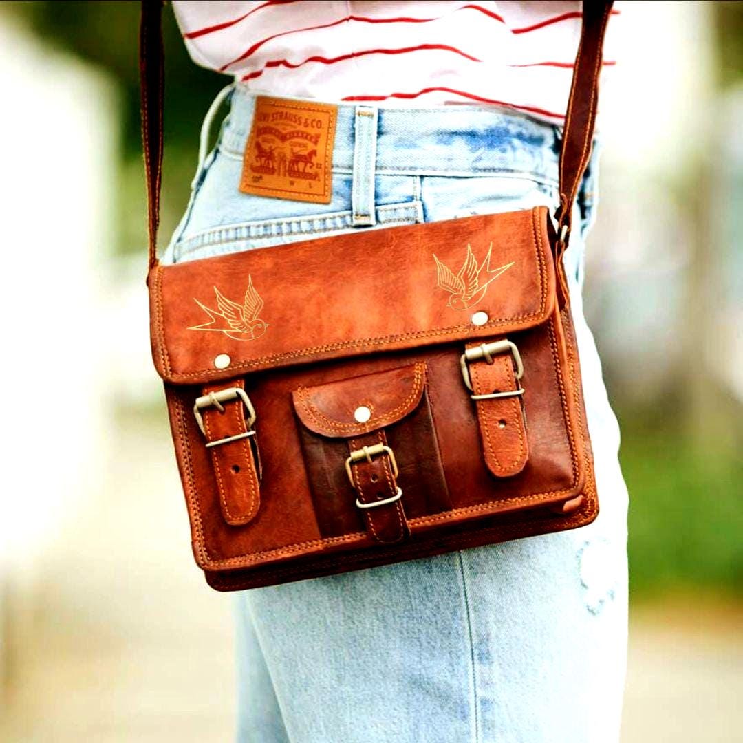 Personalised Women’s Leather Satchel With Gold Swallows – Handmade ...