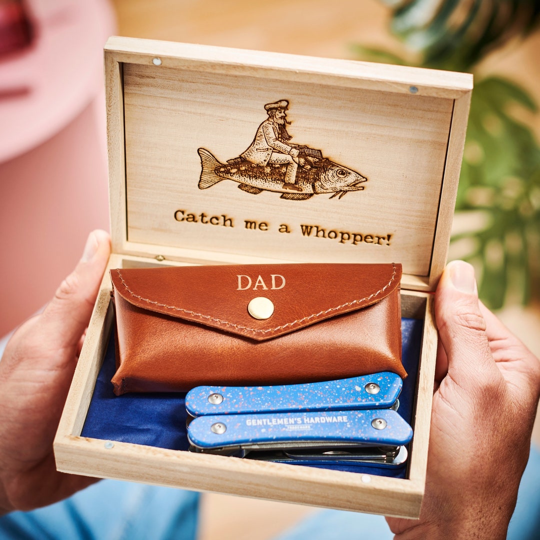 Personalised Fishing Tool and Leather Holder in an Engraved Wooden Box ...