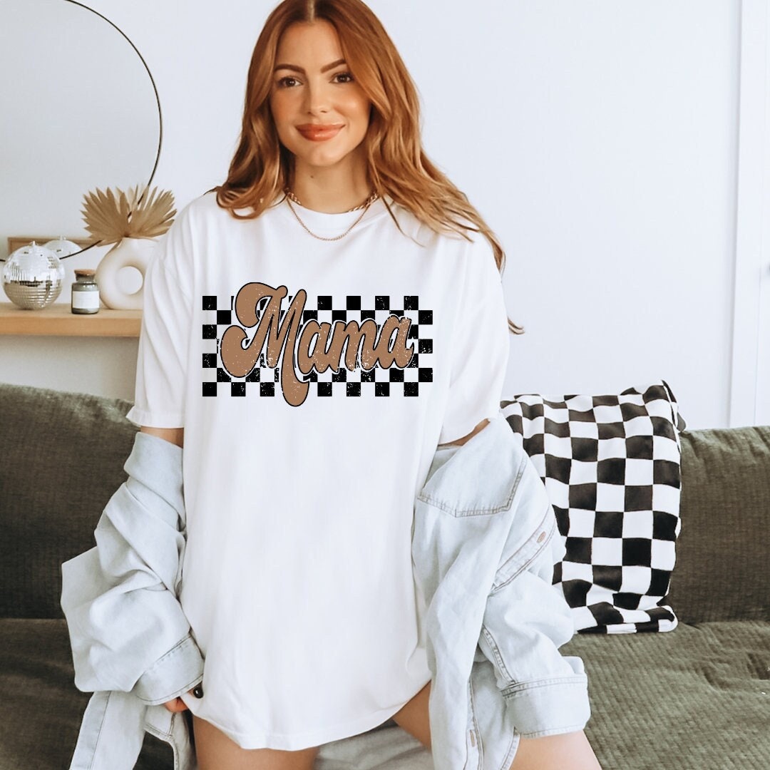 Retro Checkered Mama Shirt , Brown Distressed Mom Design, Trendy Mom ...