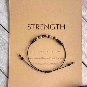 Strength Morse Code Bracelet, Dainty Word Bracelet, Badass, Gift for Coworker, Black Bead ...