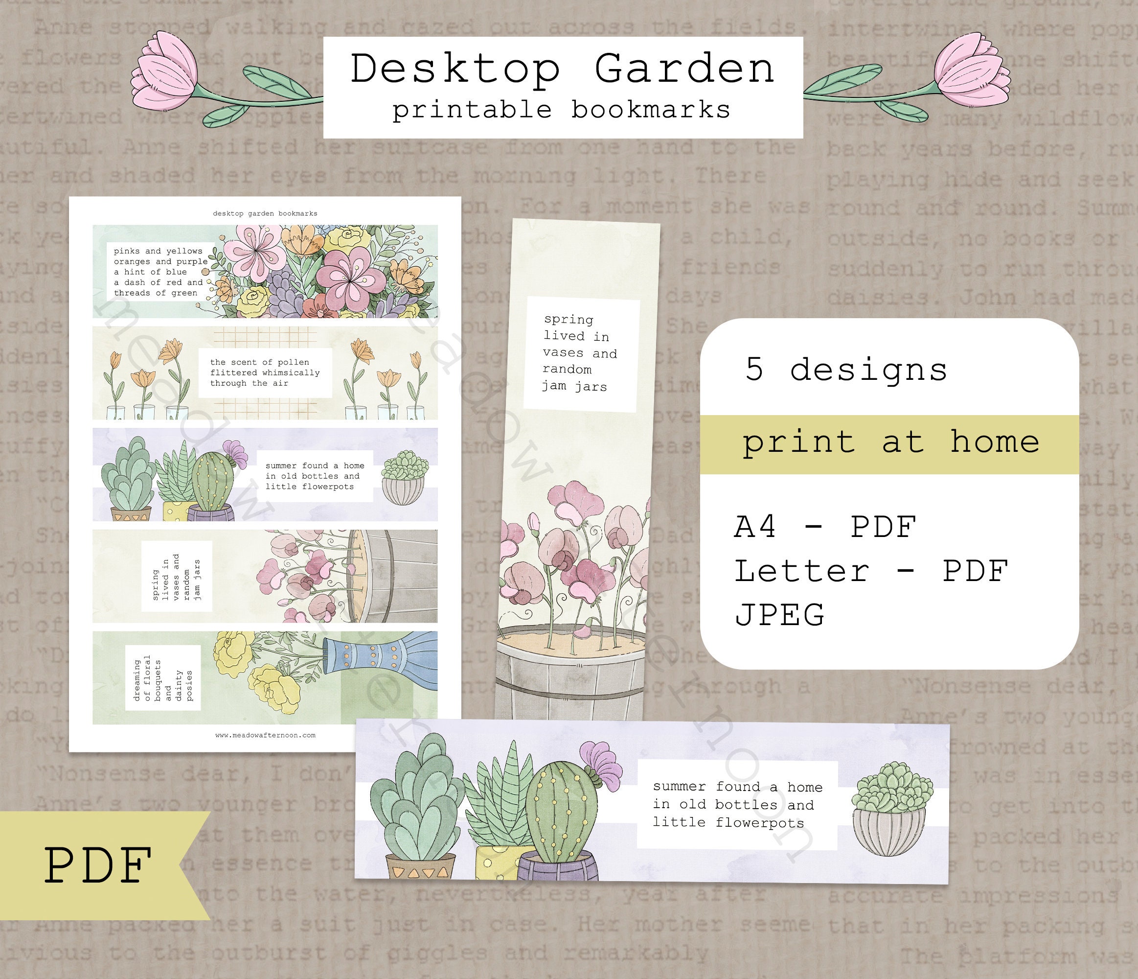 Bookmarks Printable PDF - Desktop Garden Stationery - Floral Bookmarks ...
