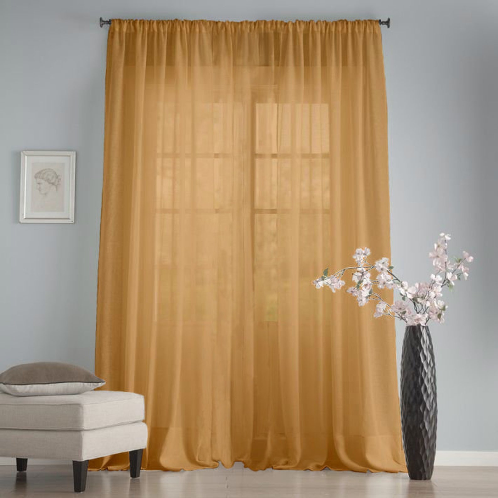 Yellow Chiffon Window Drapes Long Sheer Farmhouse Curtains Net Living ...