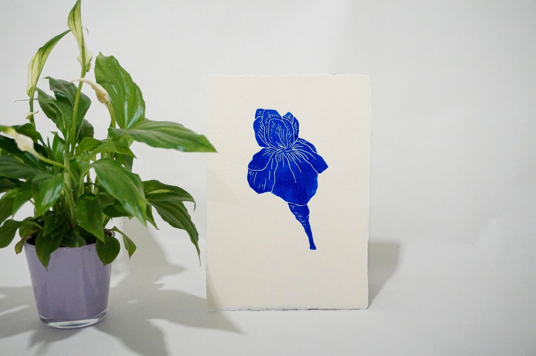 Blue Linocut of Flowers petite Iris, Illustration Format 14 Cm X 20.5 ...