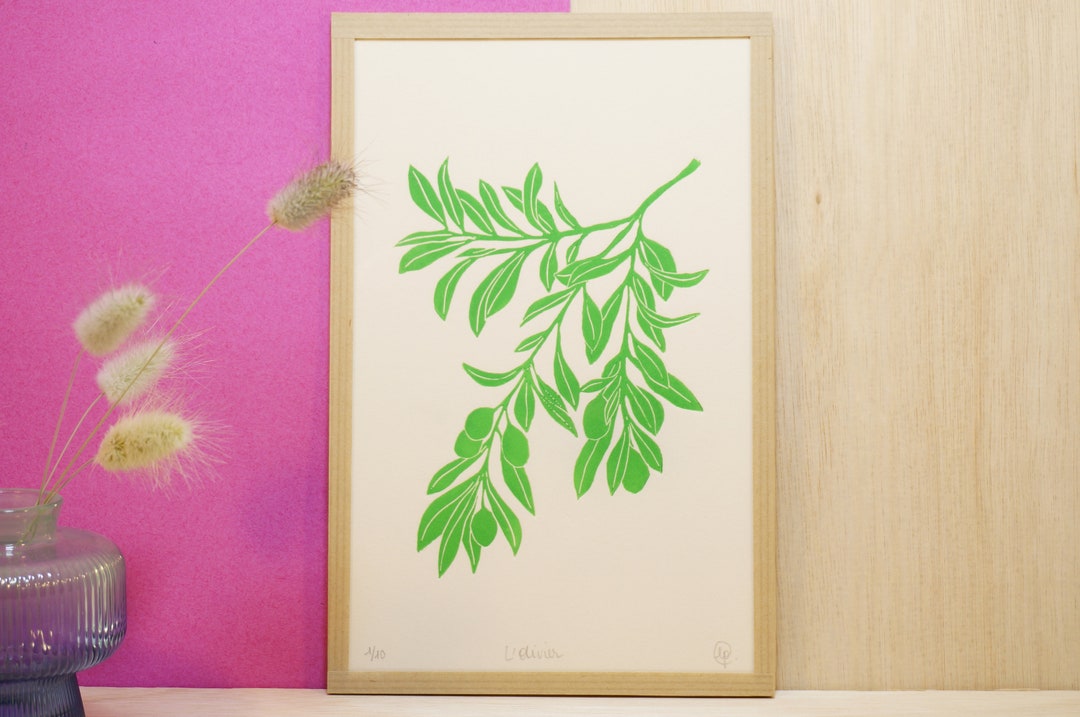 Framed Linocut olivier, Olive Leaf Linocut, Format 16.5 Cm X 25 Cm on ...