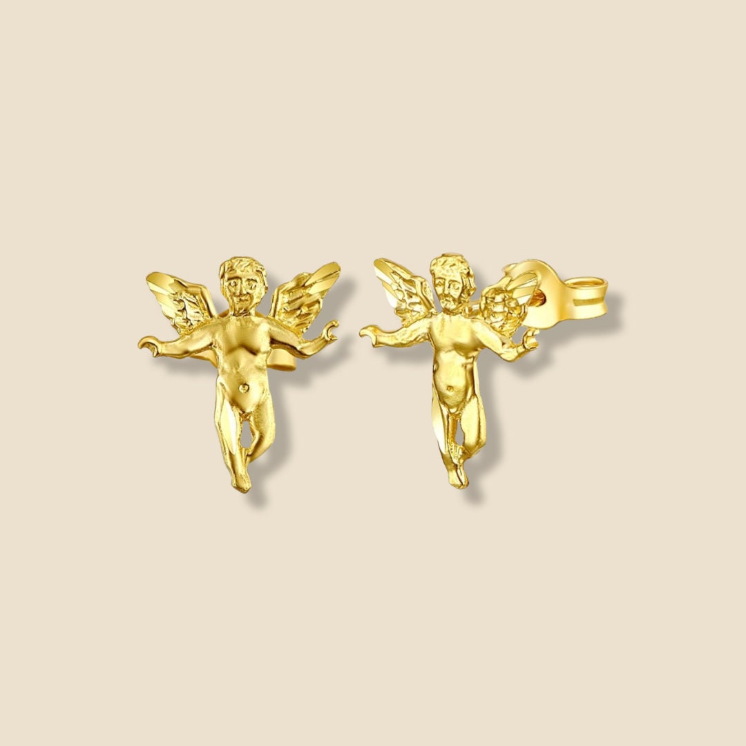 14k Yellow Solid Gold Angel Stud Earrings 11 Mm X 8 Mm Gift for Mother ...