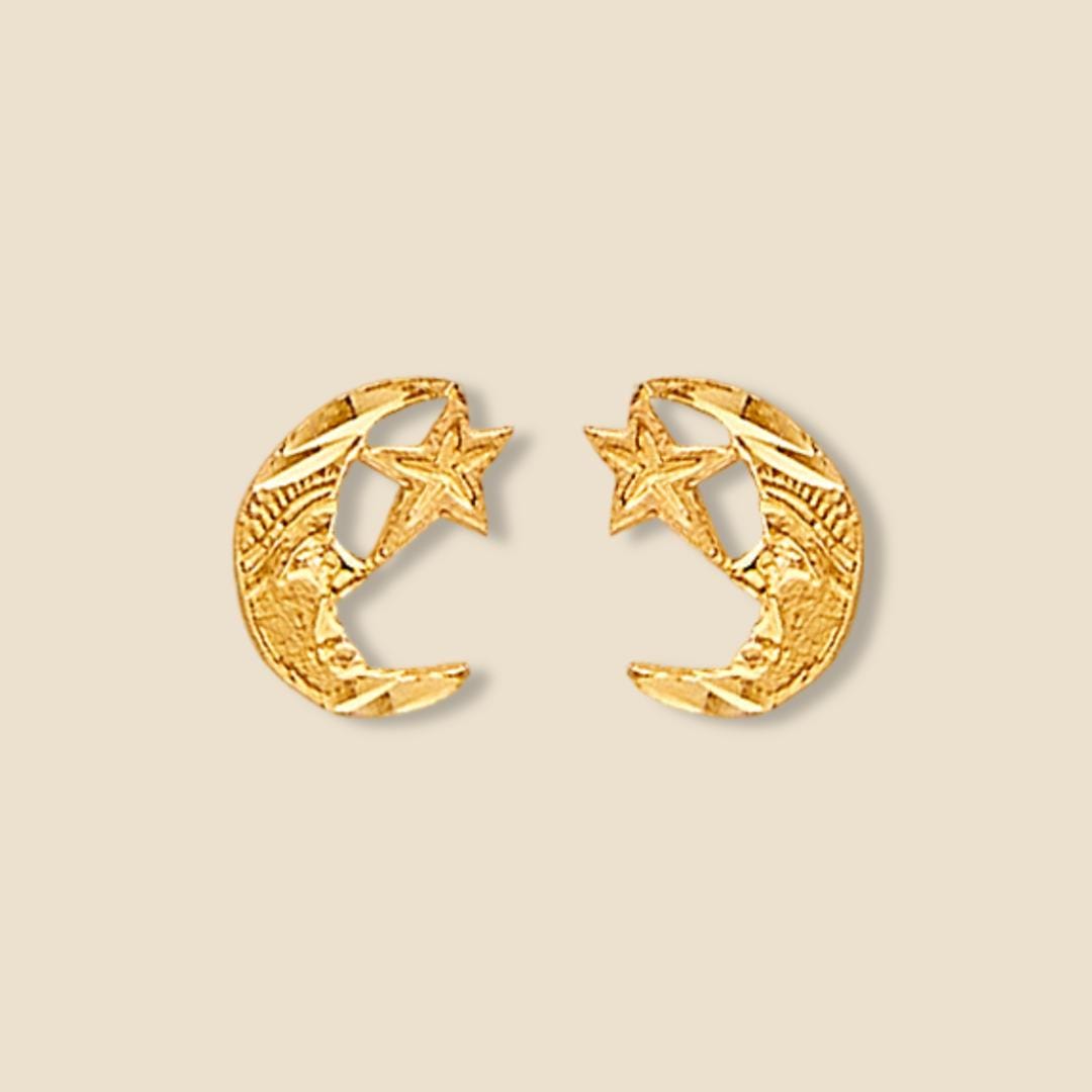 14K Solid Gold Moon & Star Push Back Earrings | Dainty Celestial ...