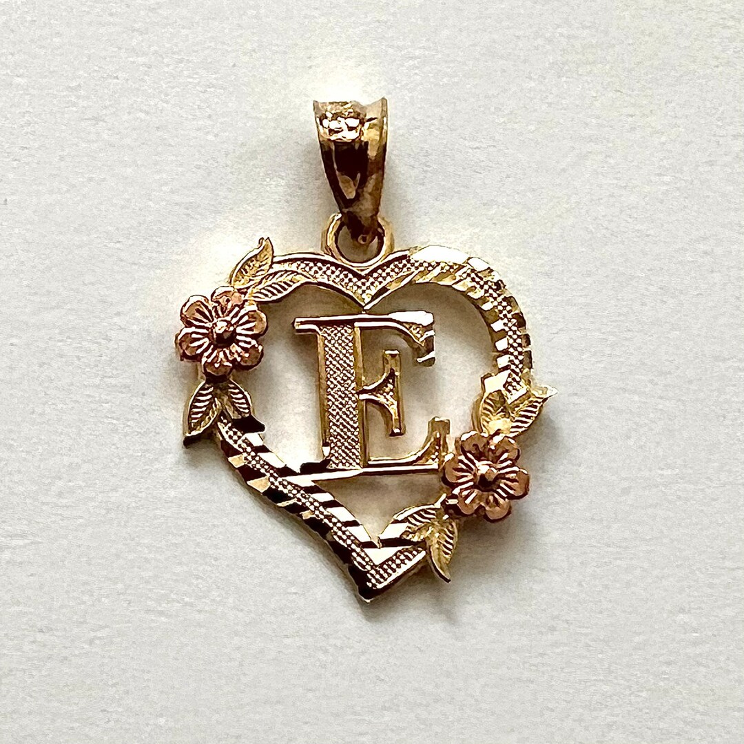 14k Solid Gold Initial E Heart Charm Letter E Charm Birthday Gift ...
