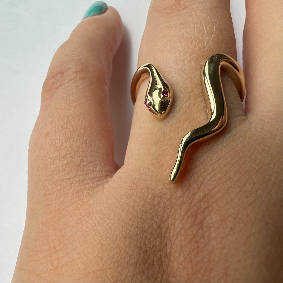 14k Solid Gold Snake Ring | Stackable Snake Ring | Snake Red Eye Ring ...