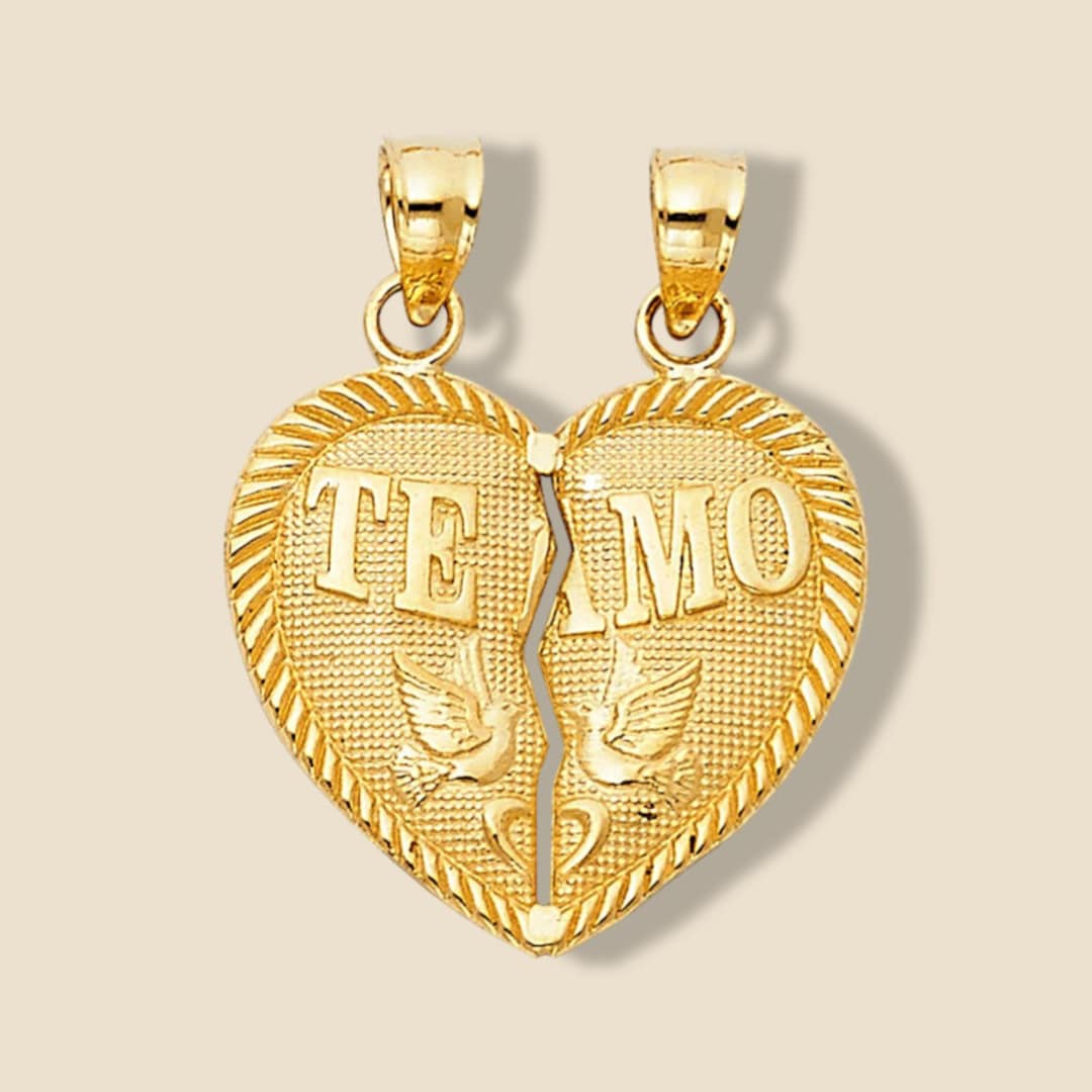 14K Yellow Solid Gold Break Apart Diamond Cut Te Amo Heart Perfect ...