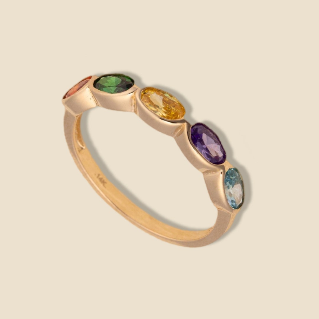 14k Solid Gold Multi-color Stone Ring Size 7 Dainty Gemstone Ring Fine ...