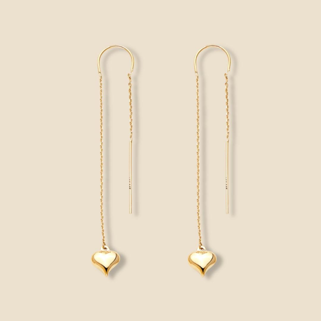 14K Gold Double Lines Heart Earrings Elegant Long Drop Earrings by ...