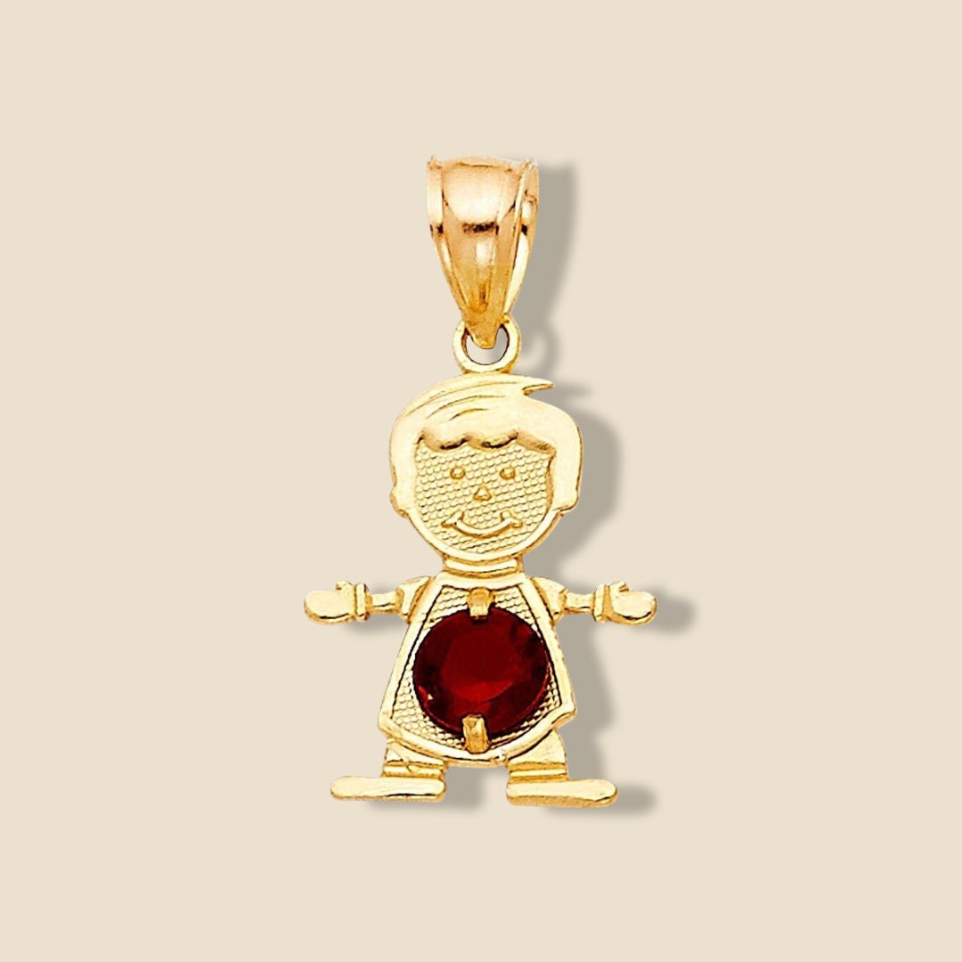 14k Solid Gold January Birthstone Boy Charm | Red Cubic Zirconia ...