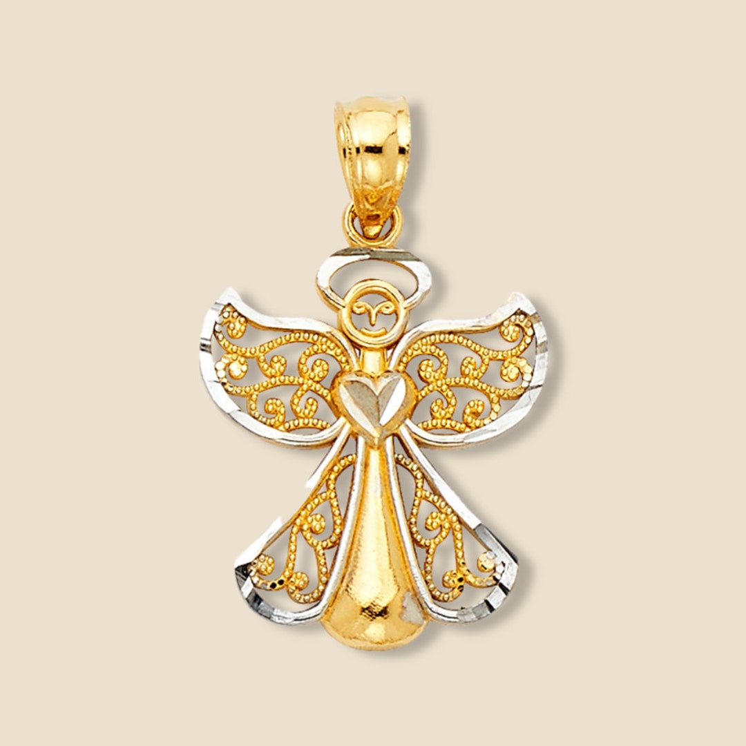 14K Gold Two-tone Angel Charm | Guardian Angel Pendant | Elegant ...