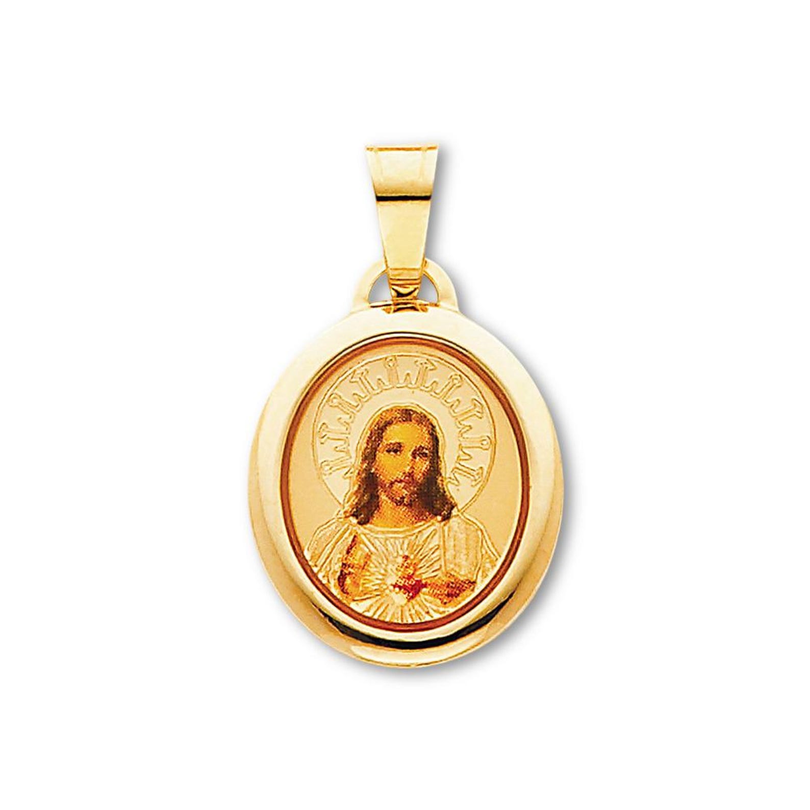 14K Gold Red Sacred Heart of Jesus Picture Pendant | Catholic Religious ...