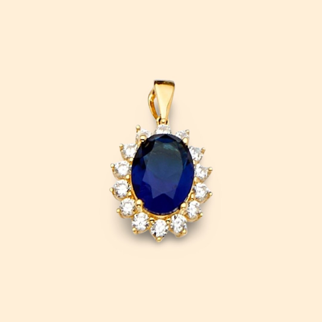 14K Solid Gold Blue Stone Pendant With CZ Genuine Gold Minimalist ...