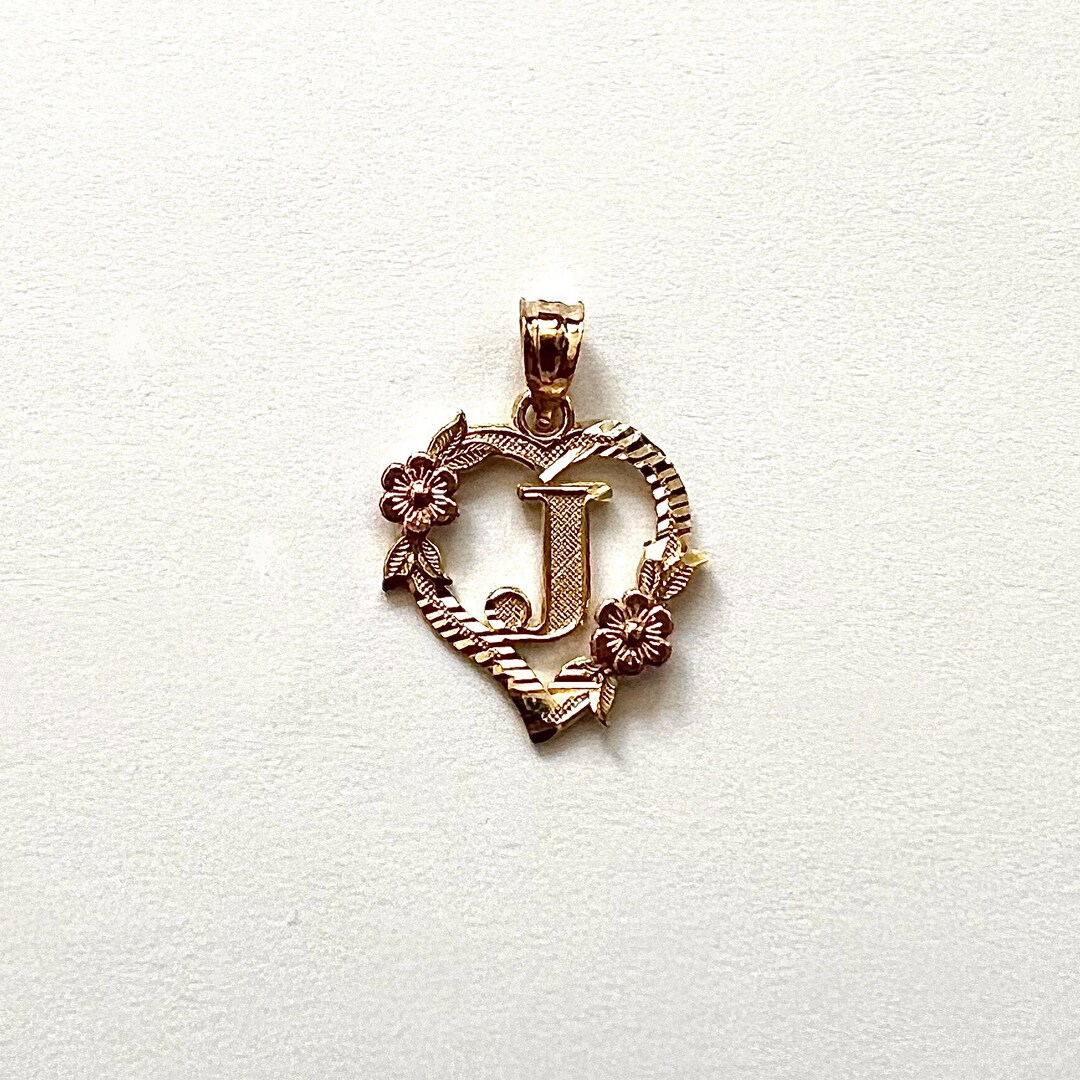 14k Solid Gold Initial J Heart Charm | Letter J Charm | Birthday Gift ...