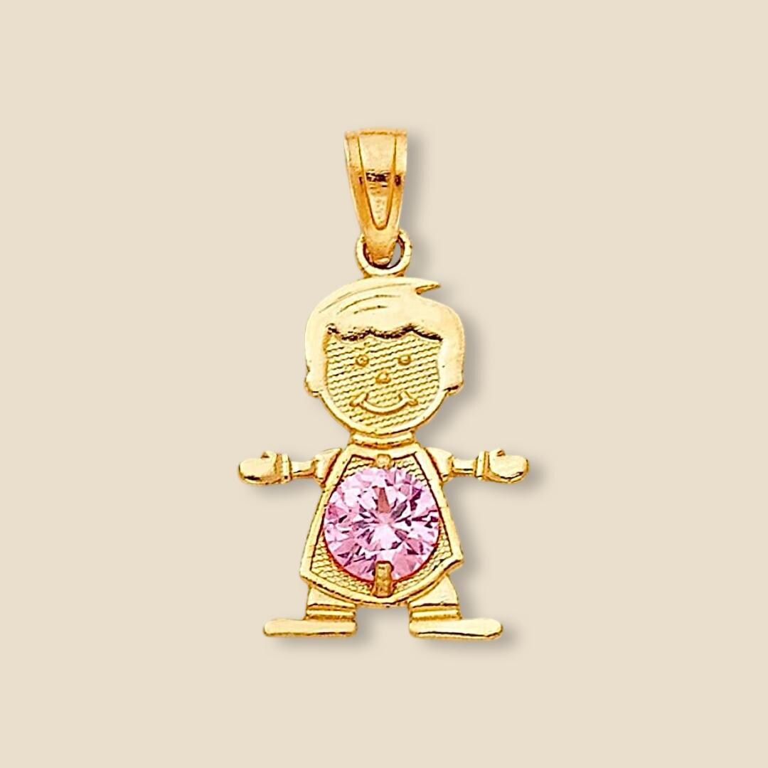 14K Solid Gold October Birthstone Boy Charm | Pink Cubic Zirconia ...