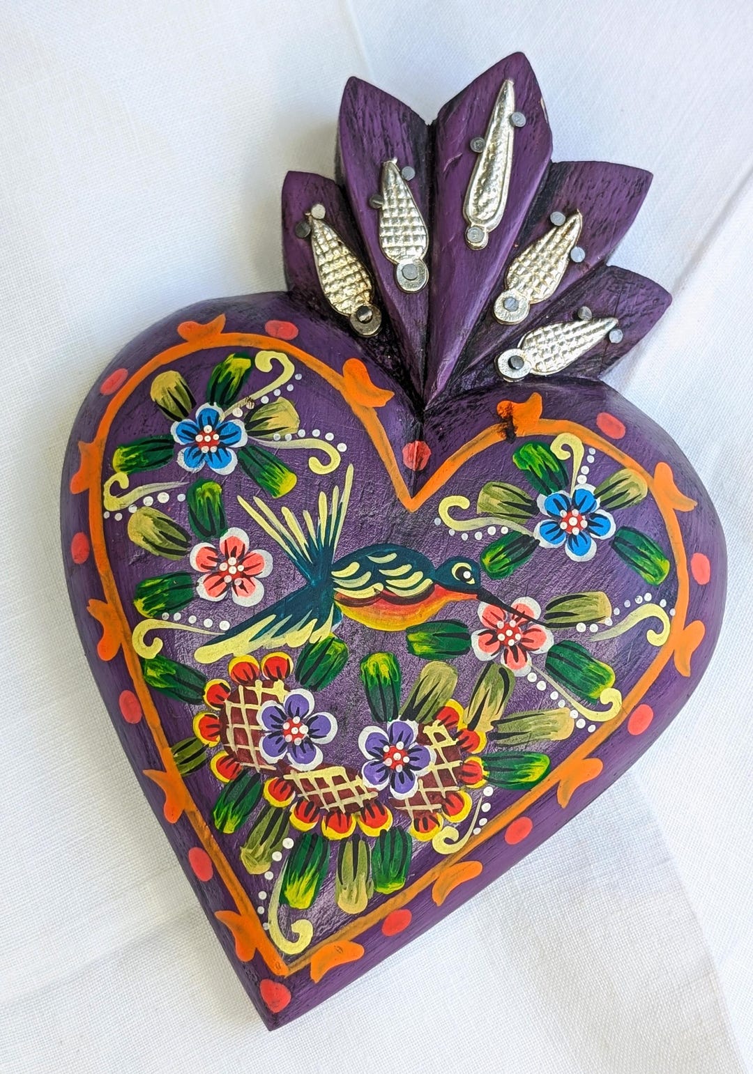 Mexican Ex Voto Folk Art Deep Purple Hand Painted Hummingbird Floral ...