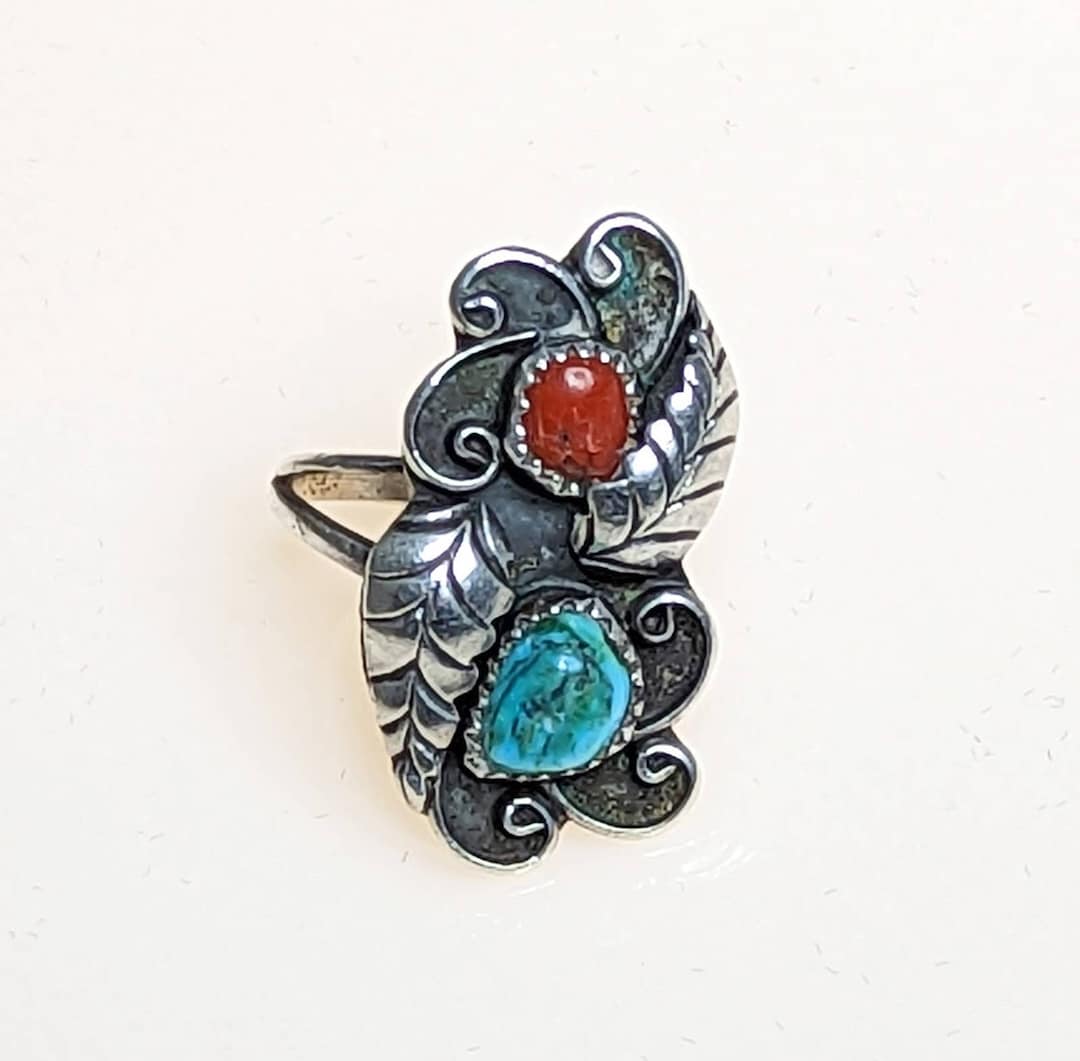Vintage Artisanal SIGNED Navajo Sterling Silver Turquoise Red Coral ...
