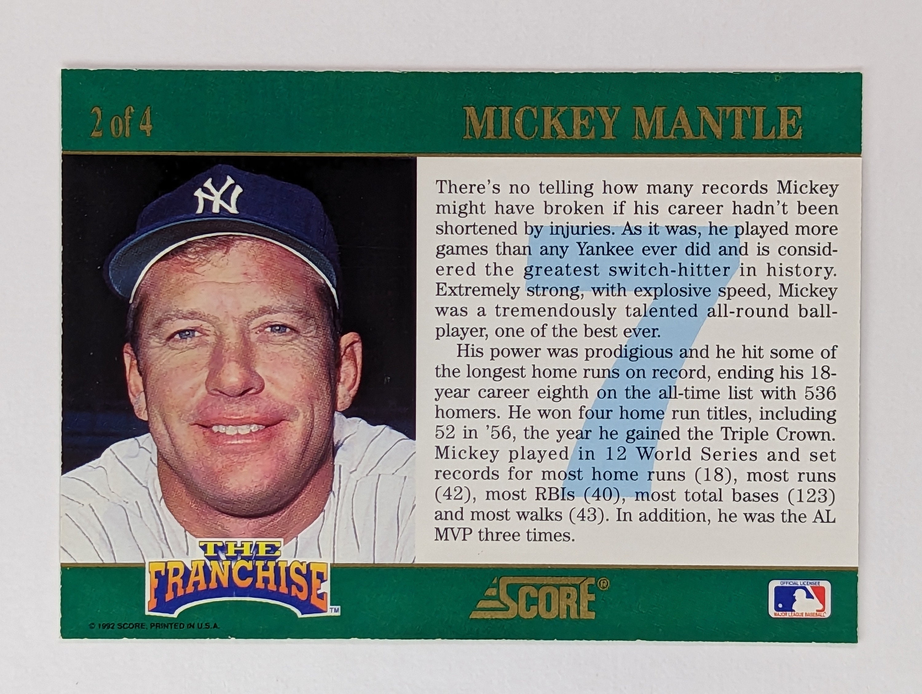 1992 Score the Franchise Mickey Mantle Insert Card 2 of 4 MLB Trading ...