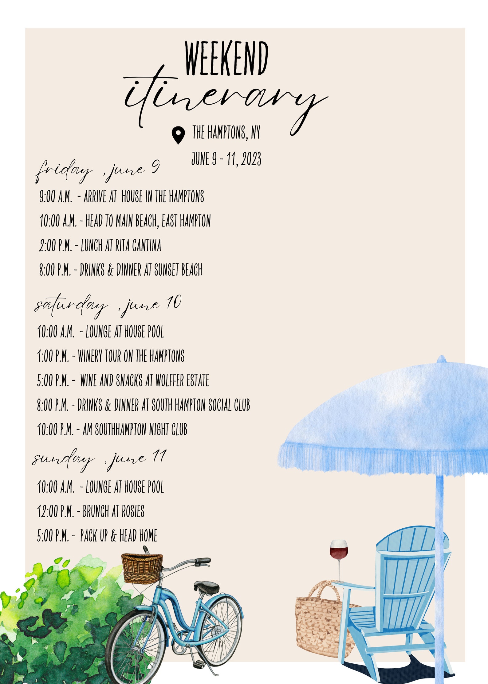 Custom Hamptons Weekend Itinerary, Personalized Printable Weekend ...