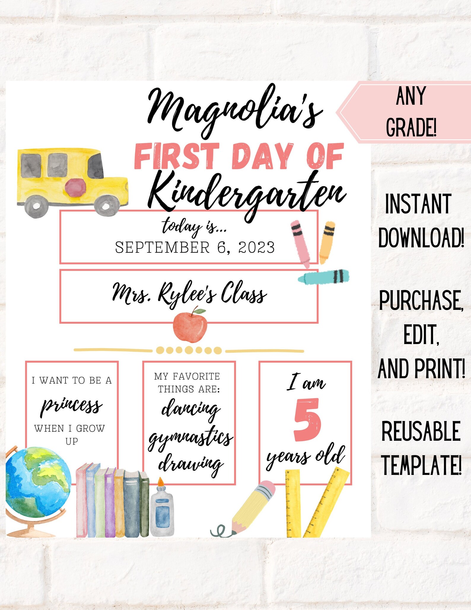 Editable First Day of School Printable Sign, Details Keepsake Photo ...