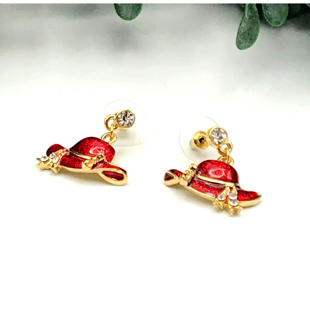 Red Hat Charm Earrings With Rhinestones & Gold Plating - Etsy