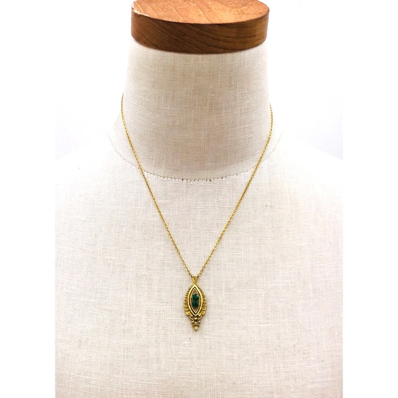 Vintage Necklace Gold Tone Diamond Shape Pendant Two Green Gems 16 ...